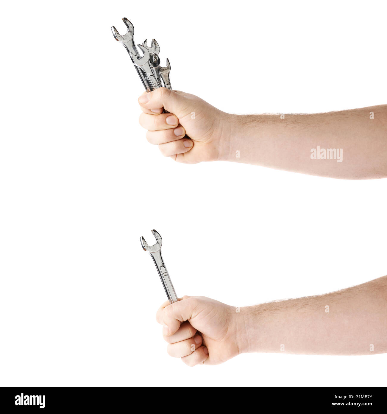 Set of hand holding a wrench tools, composition isolated over the white ...
