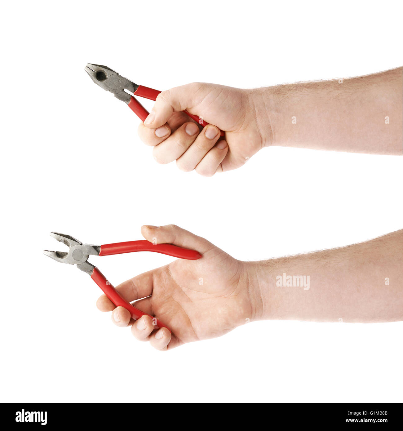 Set of hand holding a plier tool, composition isolated over the white ...