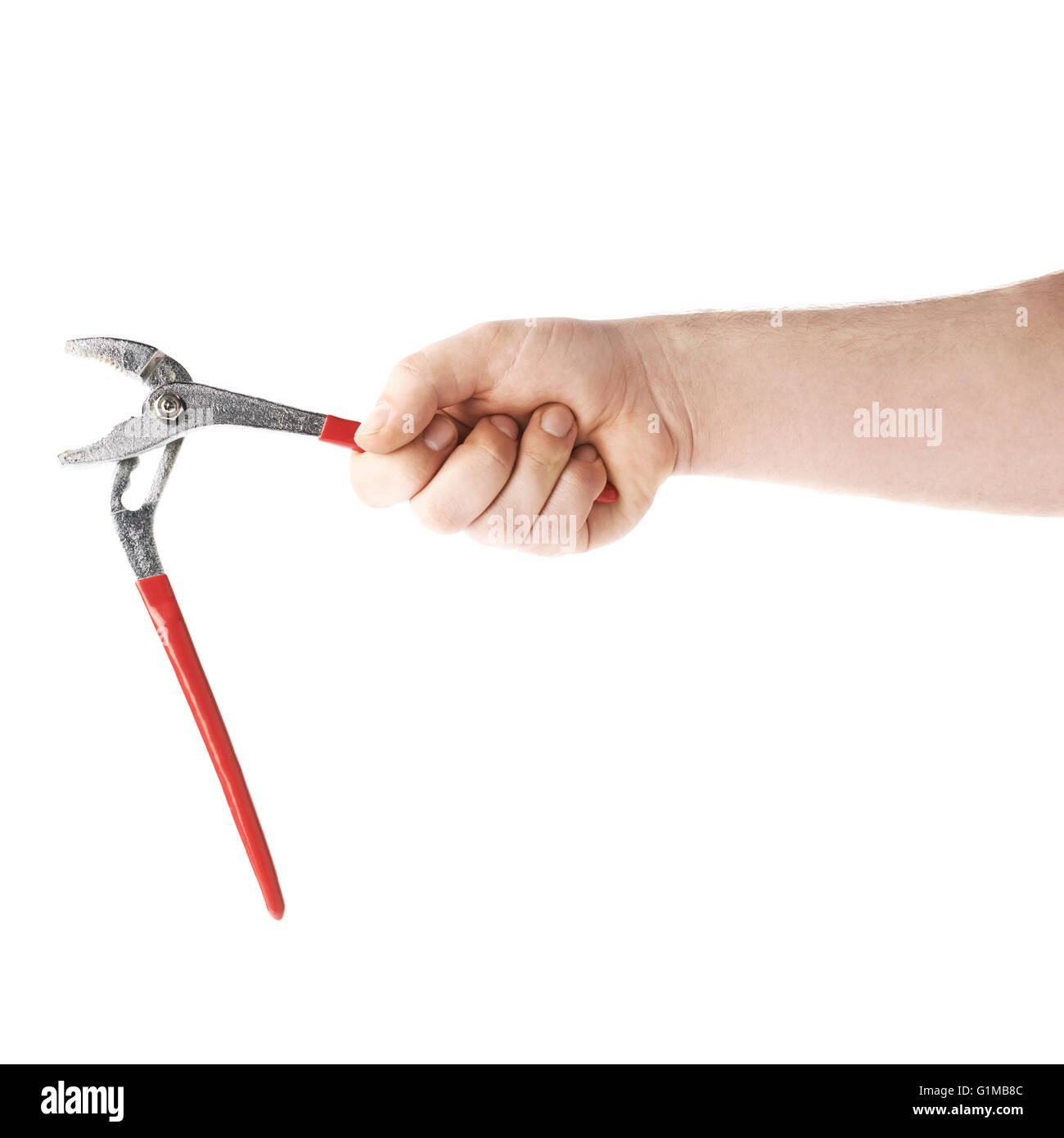 Hand holding a plumber wrench tool, composition isolated over the white ...