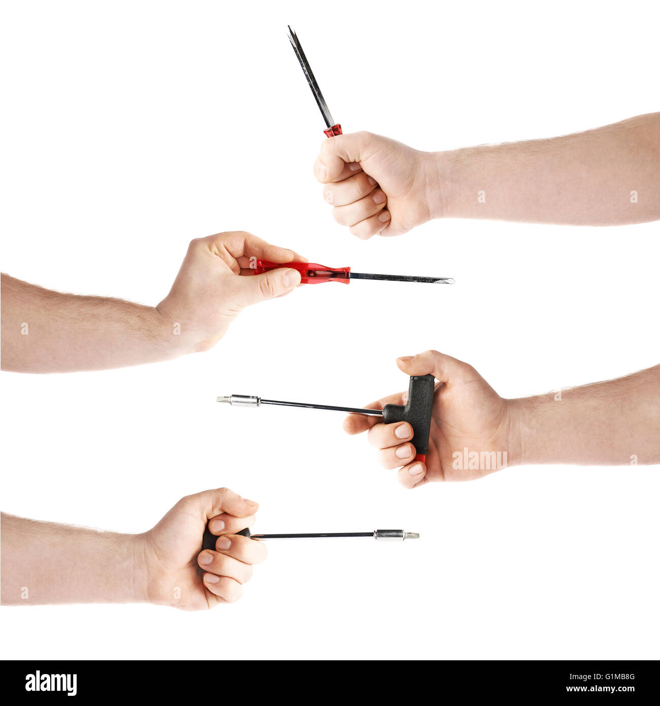 Set of hand holding a working tool, composition isolated over the white ...