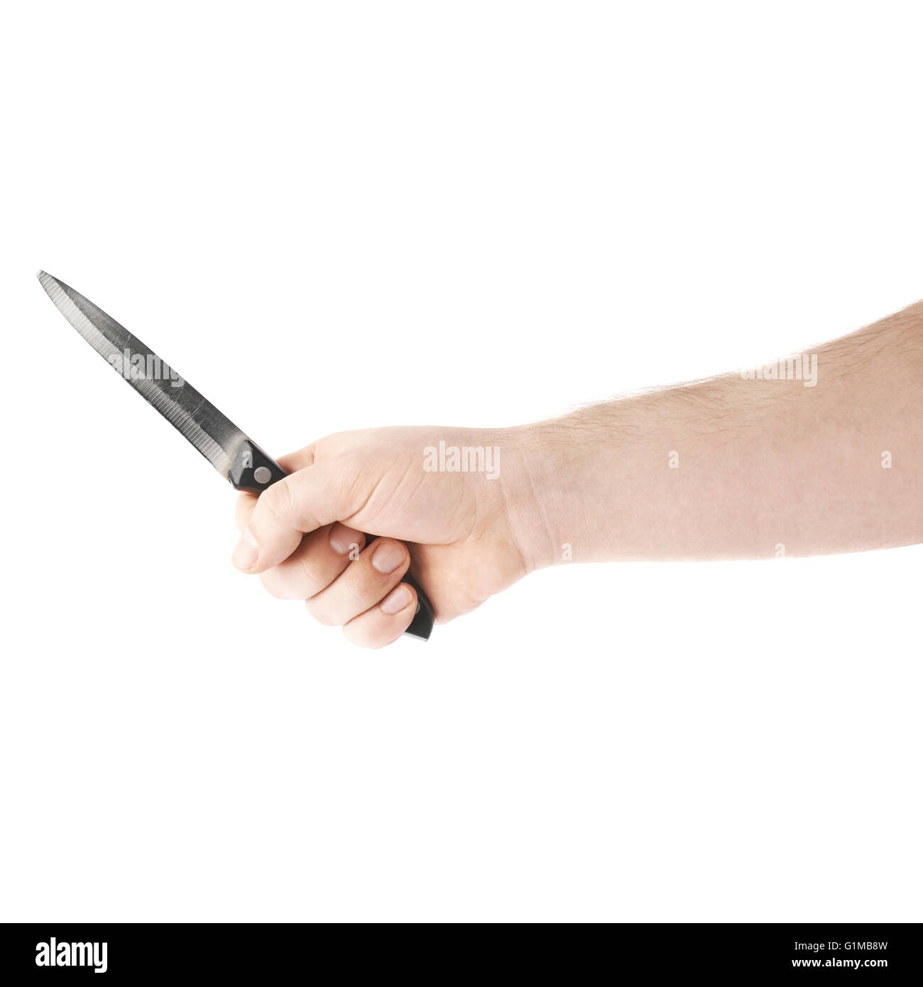 Hand holding a knife, composition isolated over the white background ...