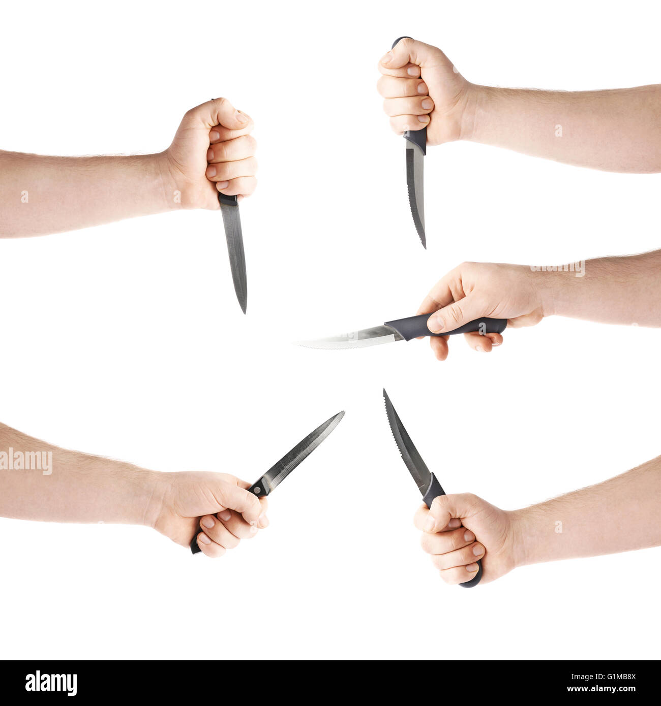 Set of hand holding a knife, composition isolated over the white ...