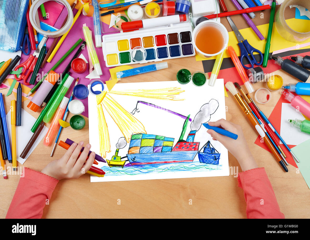 dry cargo ship with containers, transportation concept, child drawing ...