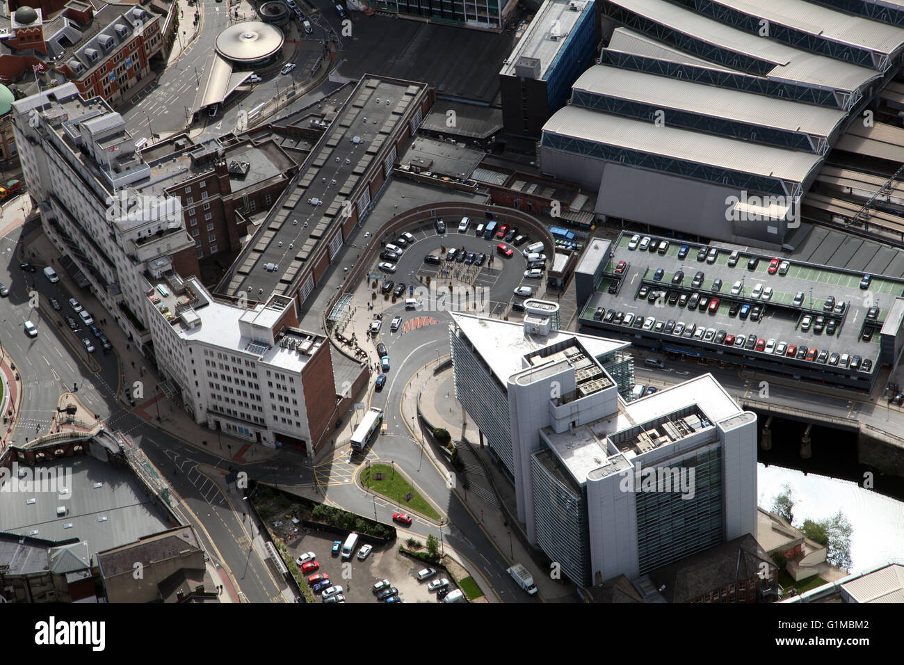 aerial view of the drop off & pick up point at Leeds City Station, UK ...