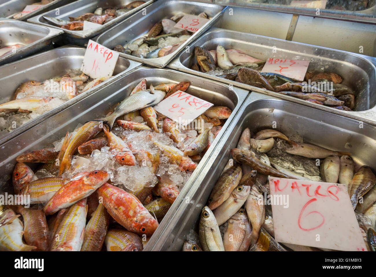 Fresh fish in the fish market - Greece Stock Photo - Alamy