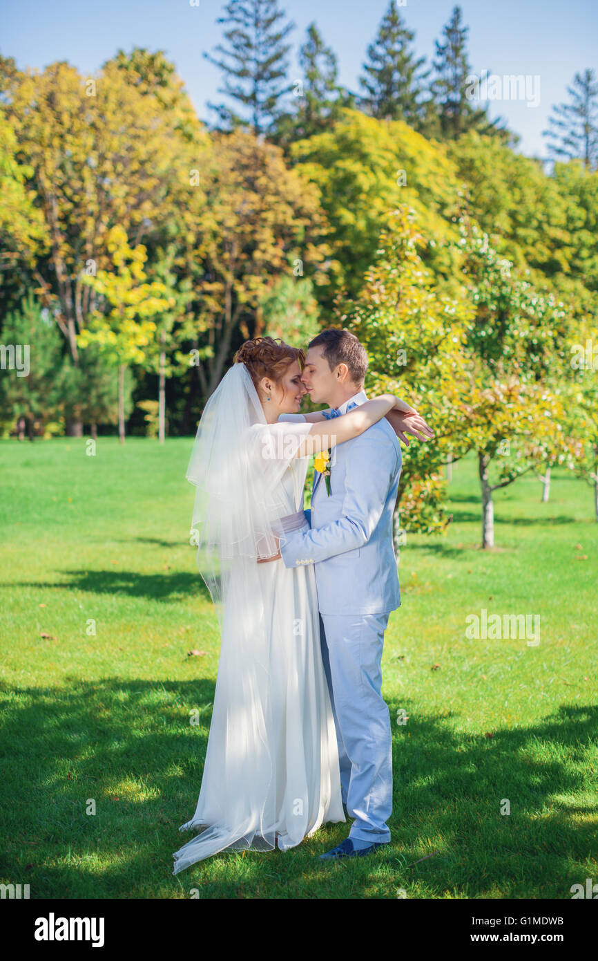 The groom gently embraces the bride Stock Photo - Alamy