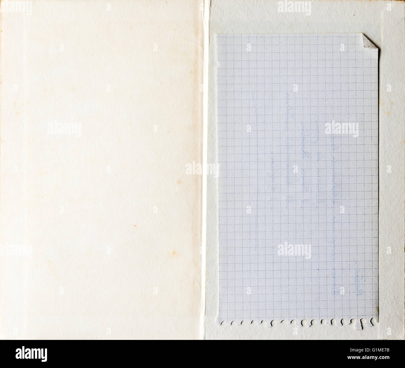 Old grunge book opened to the last page showing blank used paper inside ...