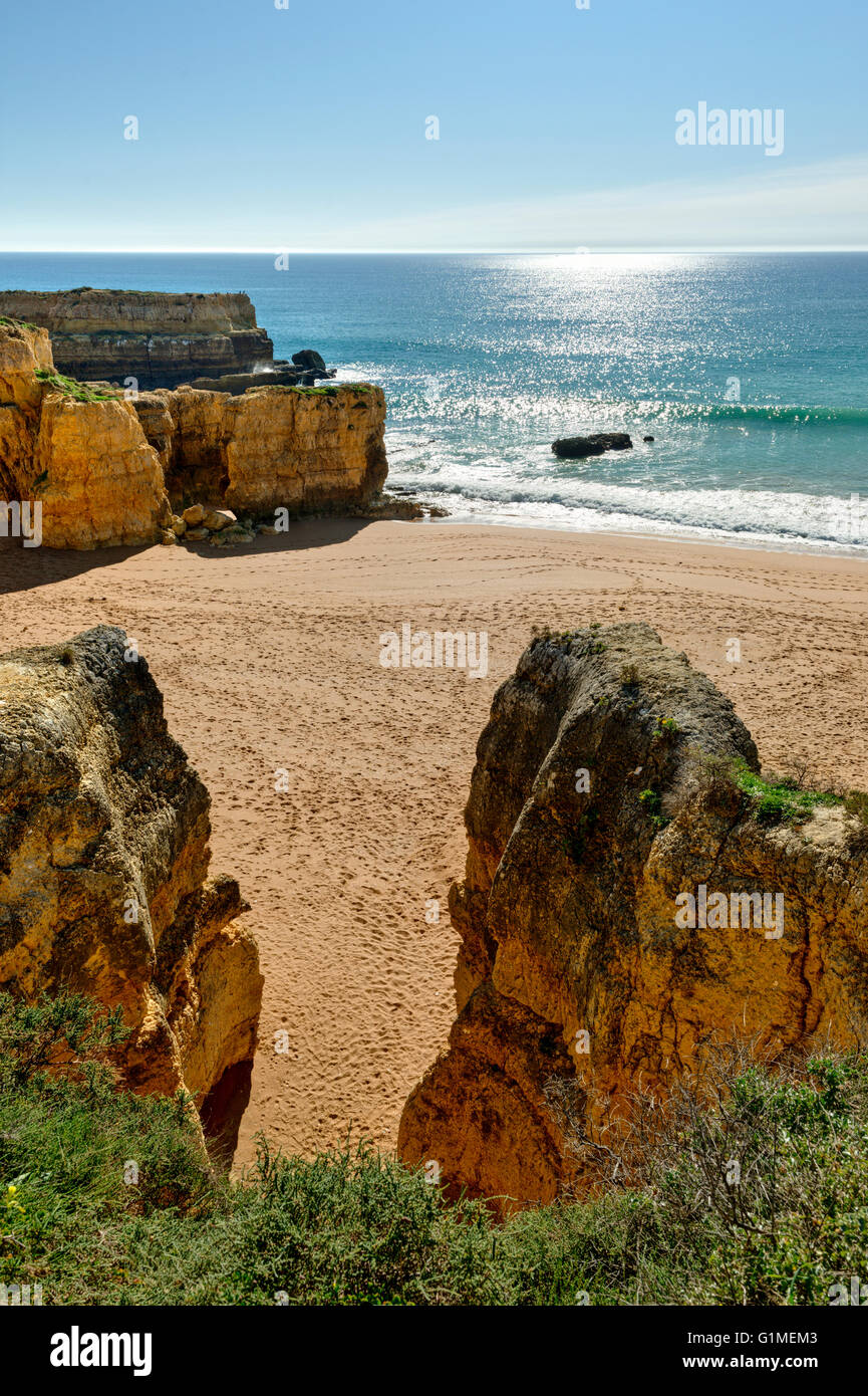 cliff formations on Praia do Castelo beach near Albufeira, Algarve ...