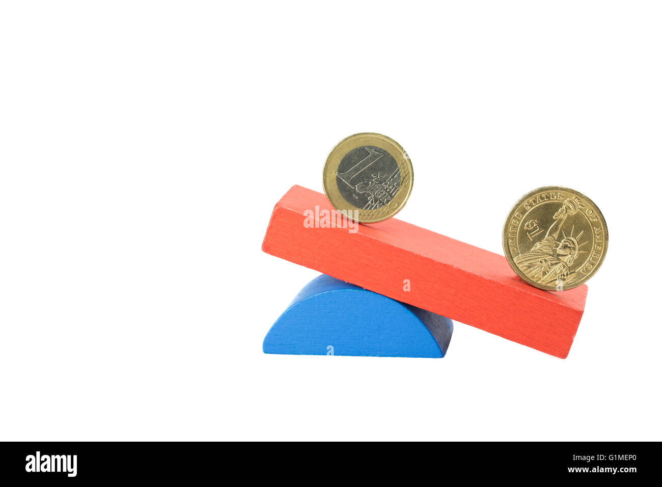 Euro coin and the US one dollar coin stand on the swing from wooden ...