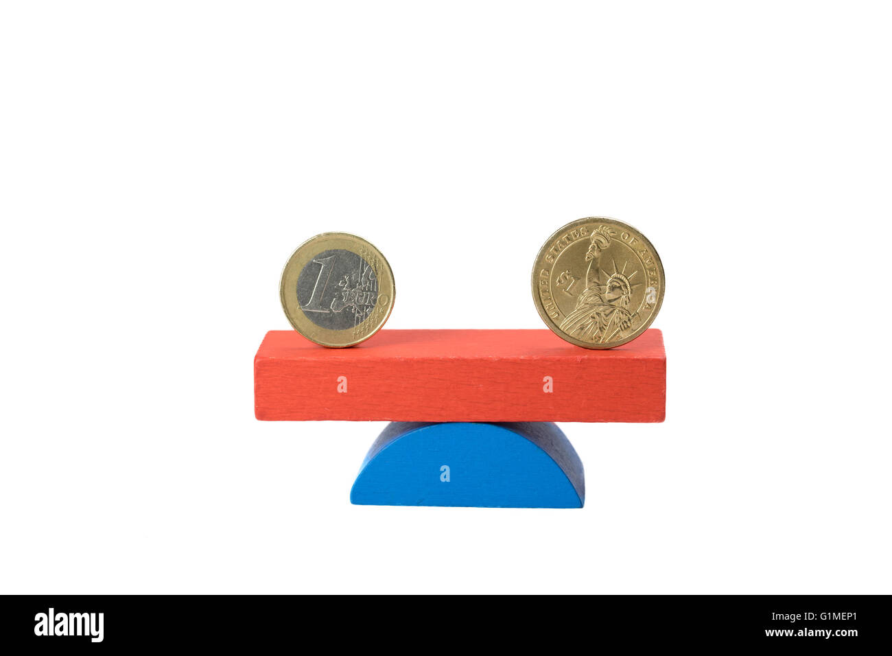 Euro coin and the US one dollar coin stand on the swing from wooden ...