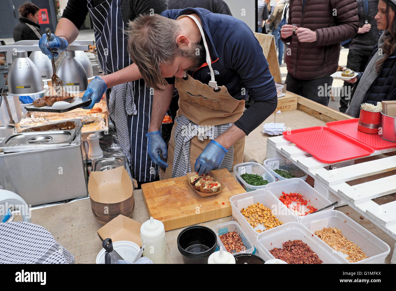Loaded Potato Skins stall in ROPEWALK street food market near railway ...