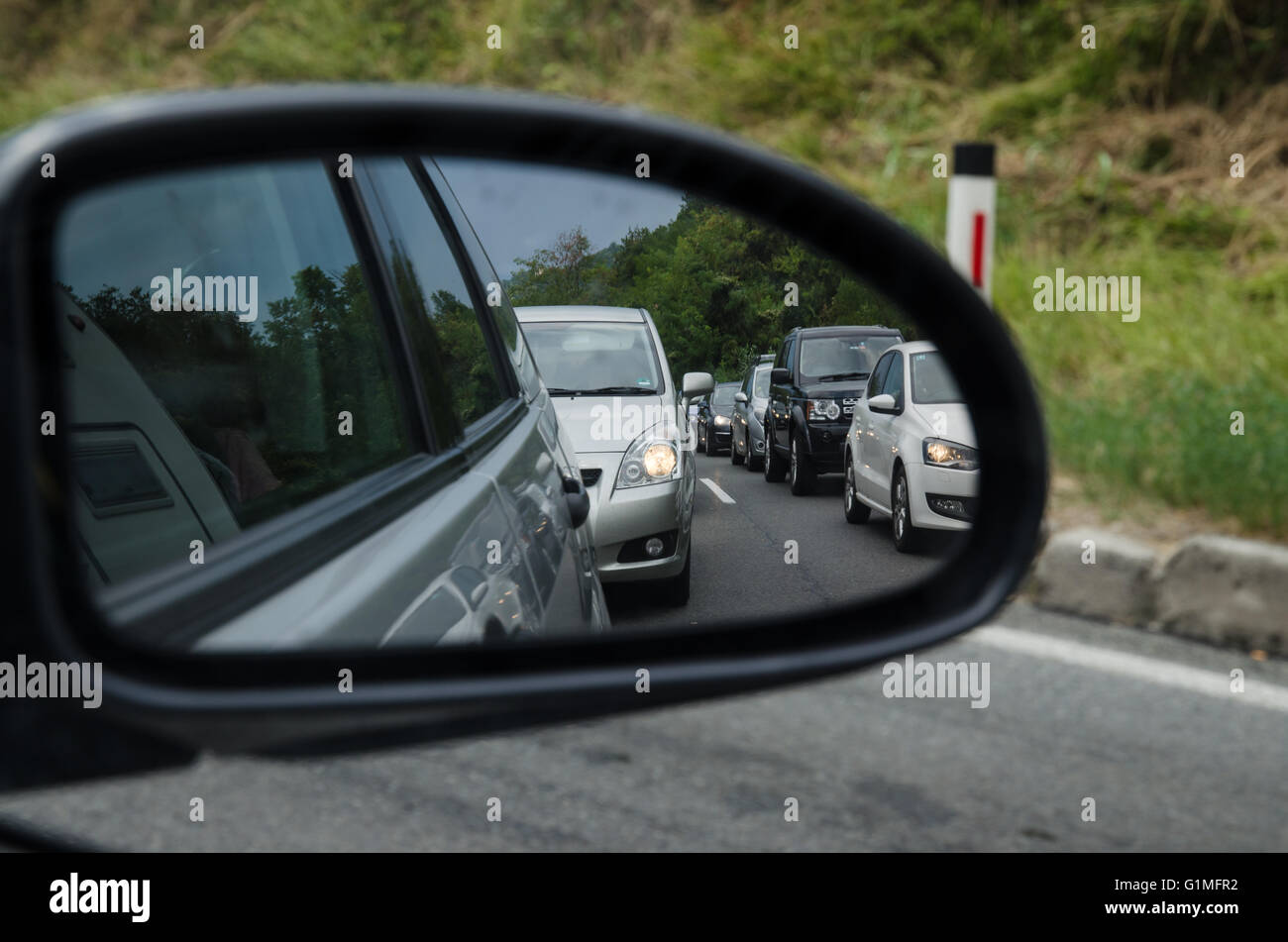 views to the traffic jam through the driving mirror of the car Stock ...