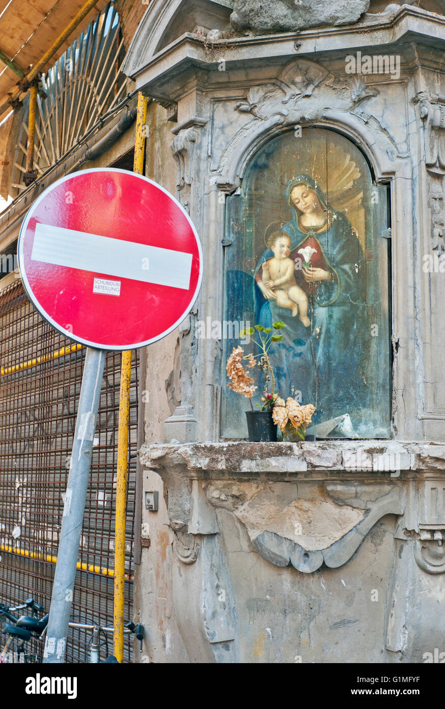 Madonna & child religious street corner Icon with no entry road sign ...