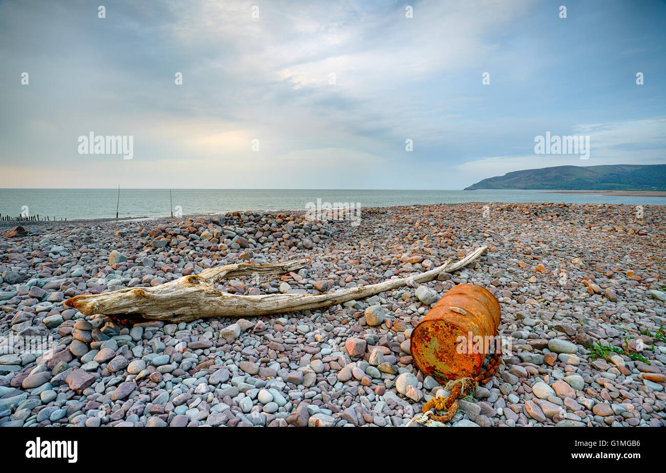 Flotsam and jetsam washed up on the beach at Porlock Weir on the Exmoor ...