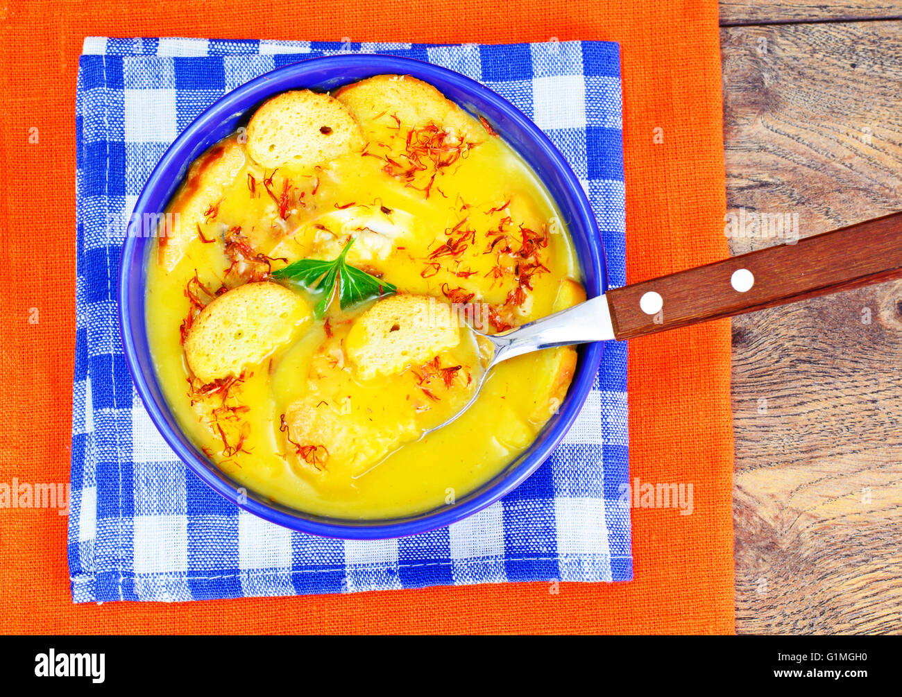 Cream of Zucchini, Carrots, Boiled Eggs, Saffron, Bread Bruschet Stock ...