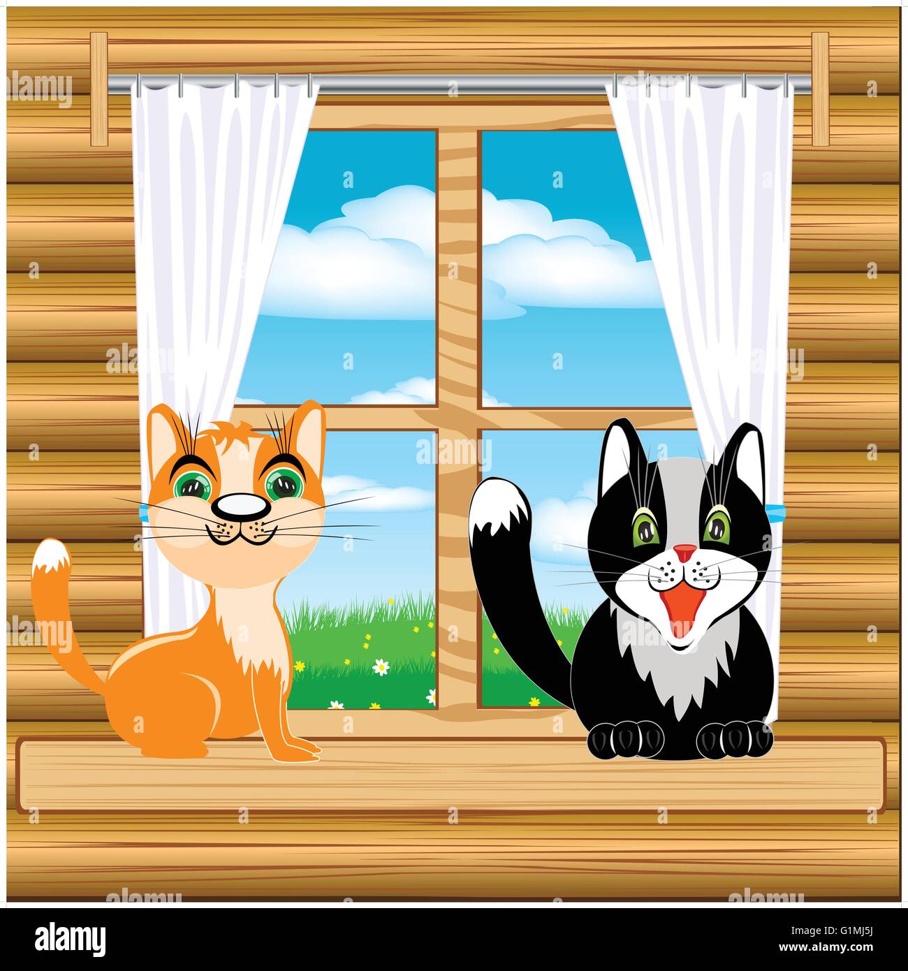 Two cats ????? on window in wooden house Stock Vector Image & Art - Alamy