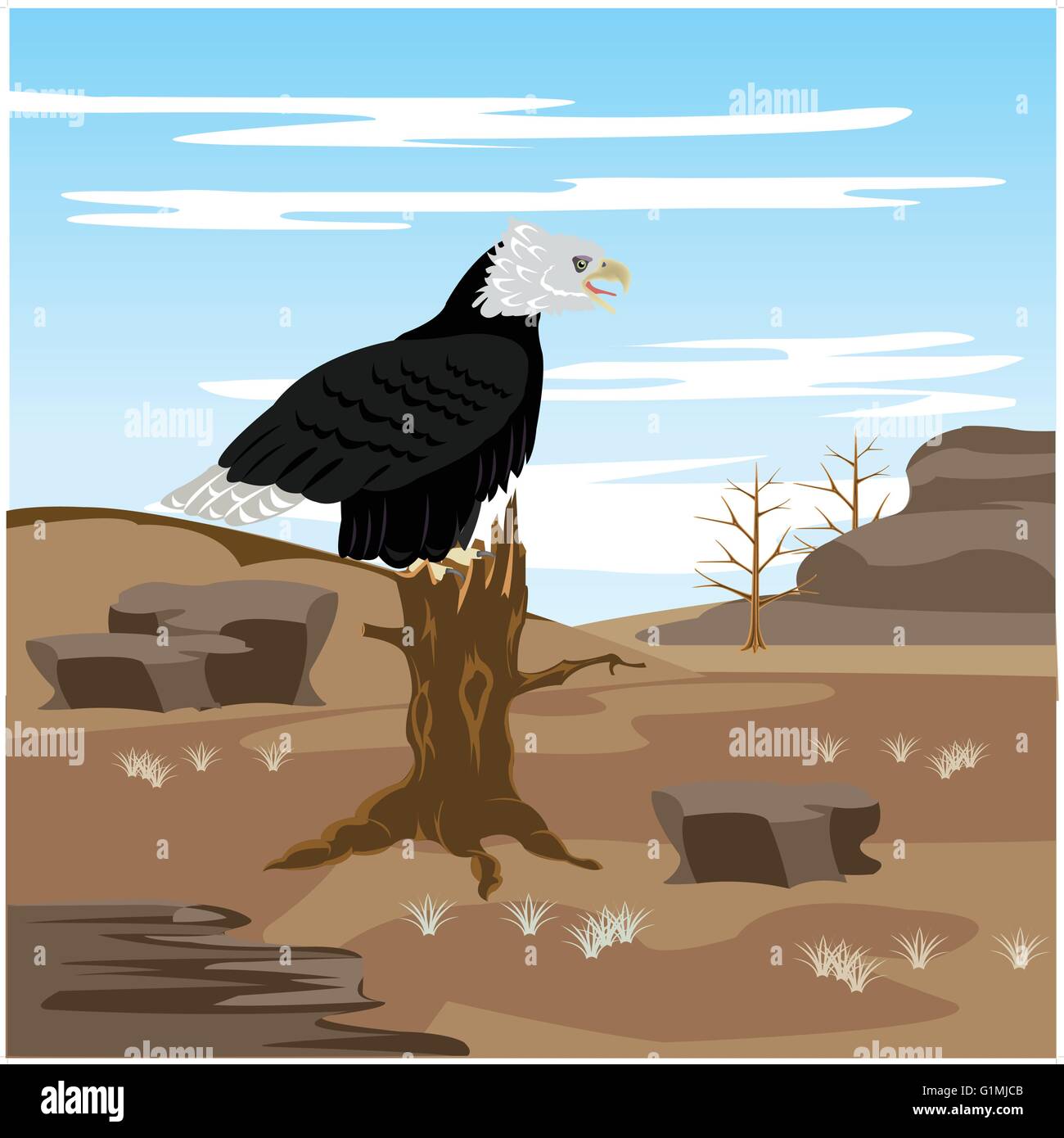 Illustration to lifeless desert and hollered sitting on tree Stock ...