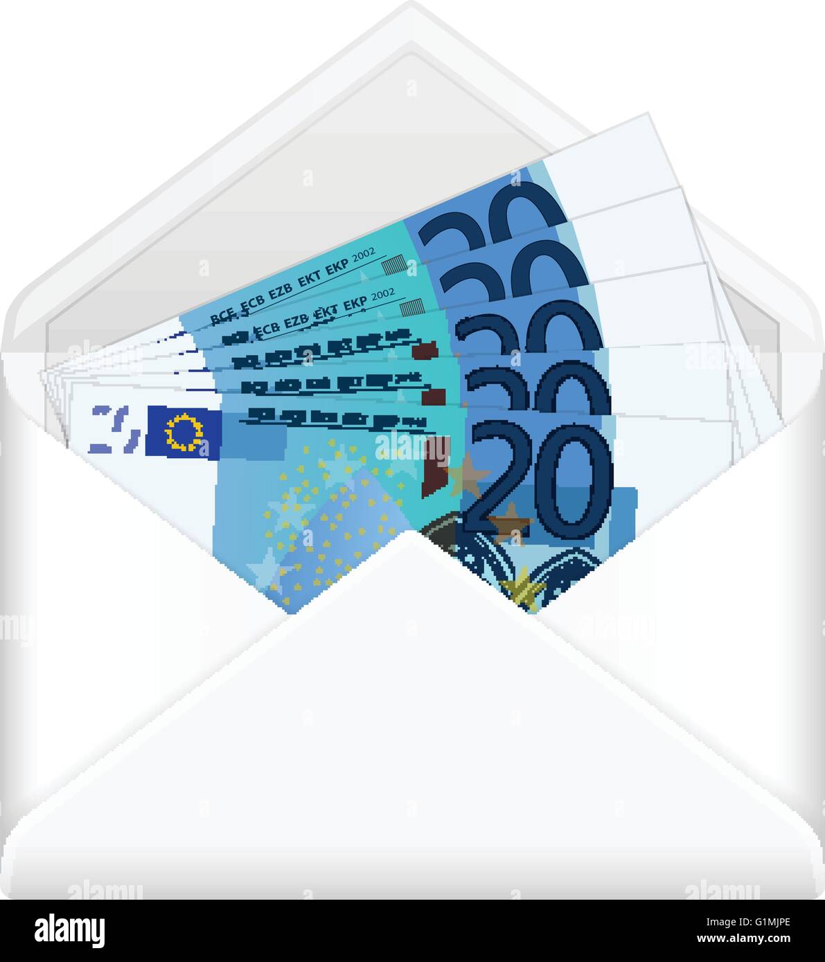 Open envelope containing twenty euro banknotes on a white background ...