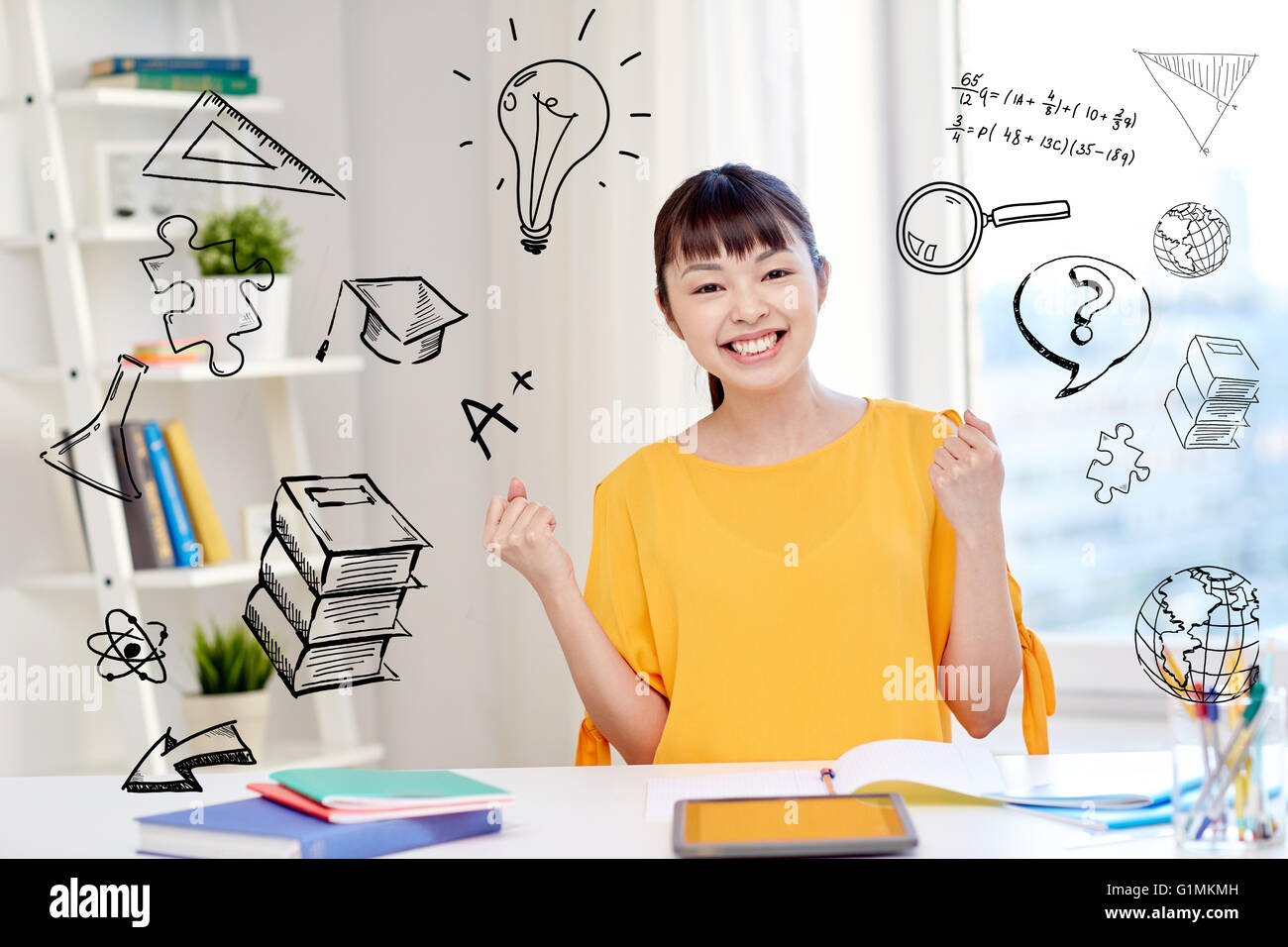 happy asian young woman student learning at home Stock Photo - Alamy