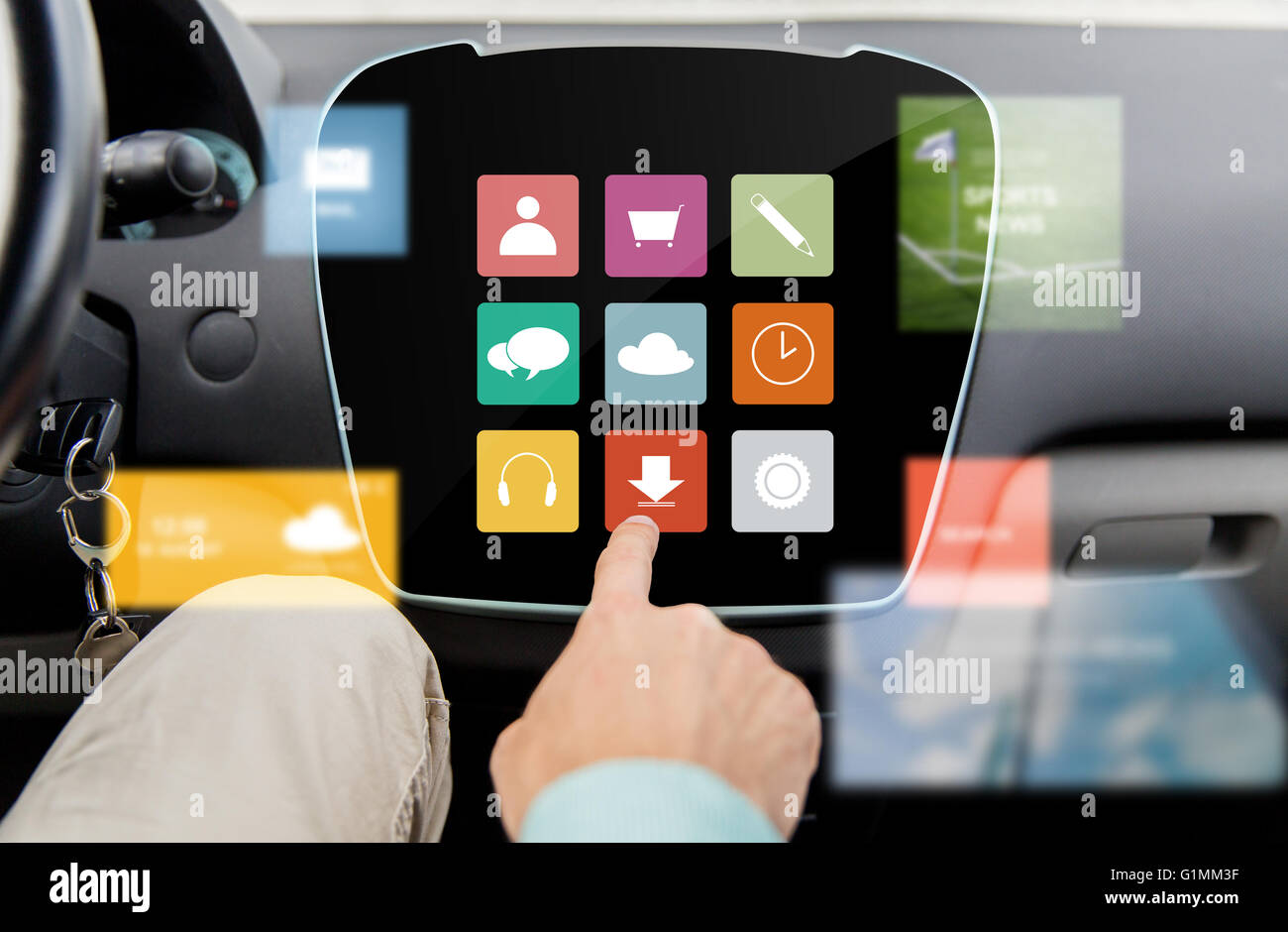 close up of hand and menu icons on car computer Stock Photo - Alamy