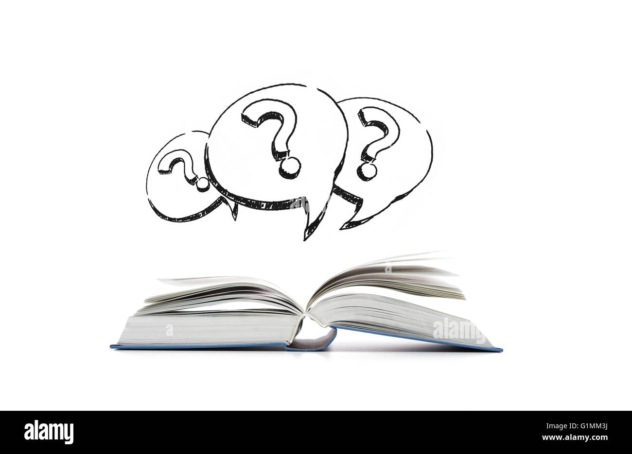 open book and question marks in text bubbles Stock Photo - Alamy