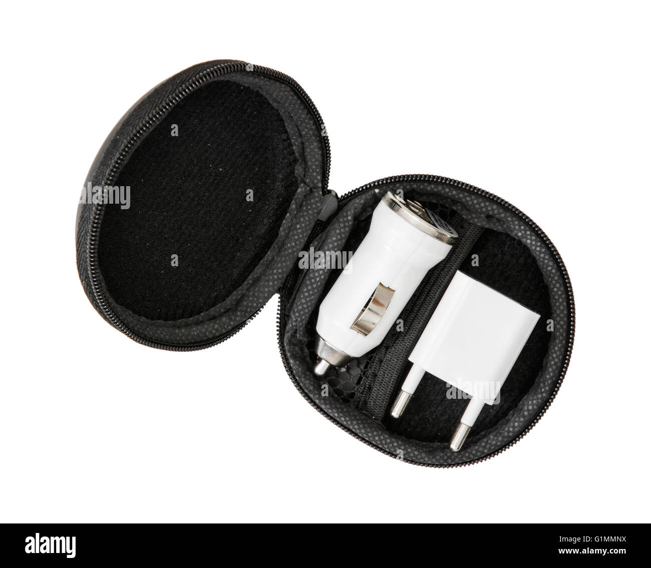 Set of usb car chargers in the circle black box on the white background ...