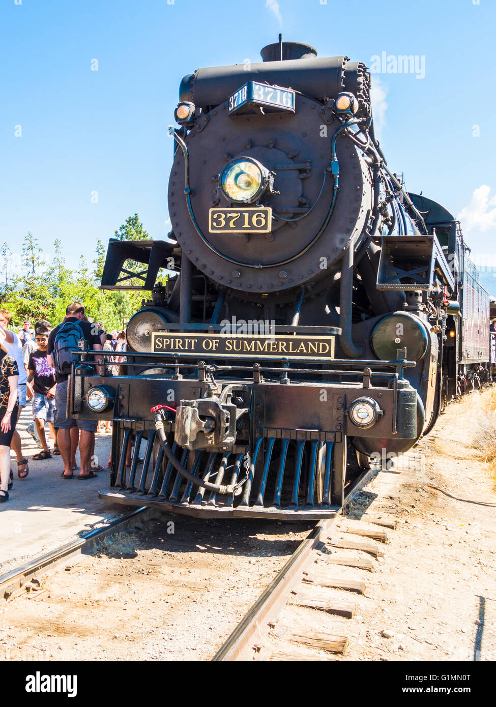 1912 steam locomotive 3716, 'Spirit of Summerland, pulls a train on the ...