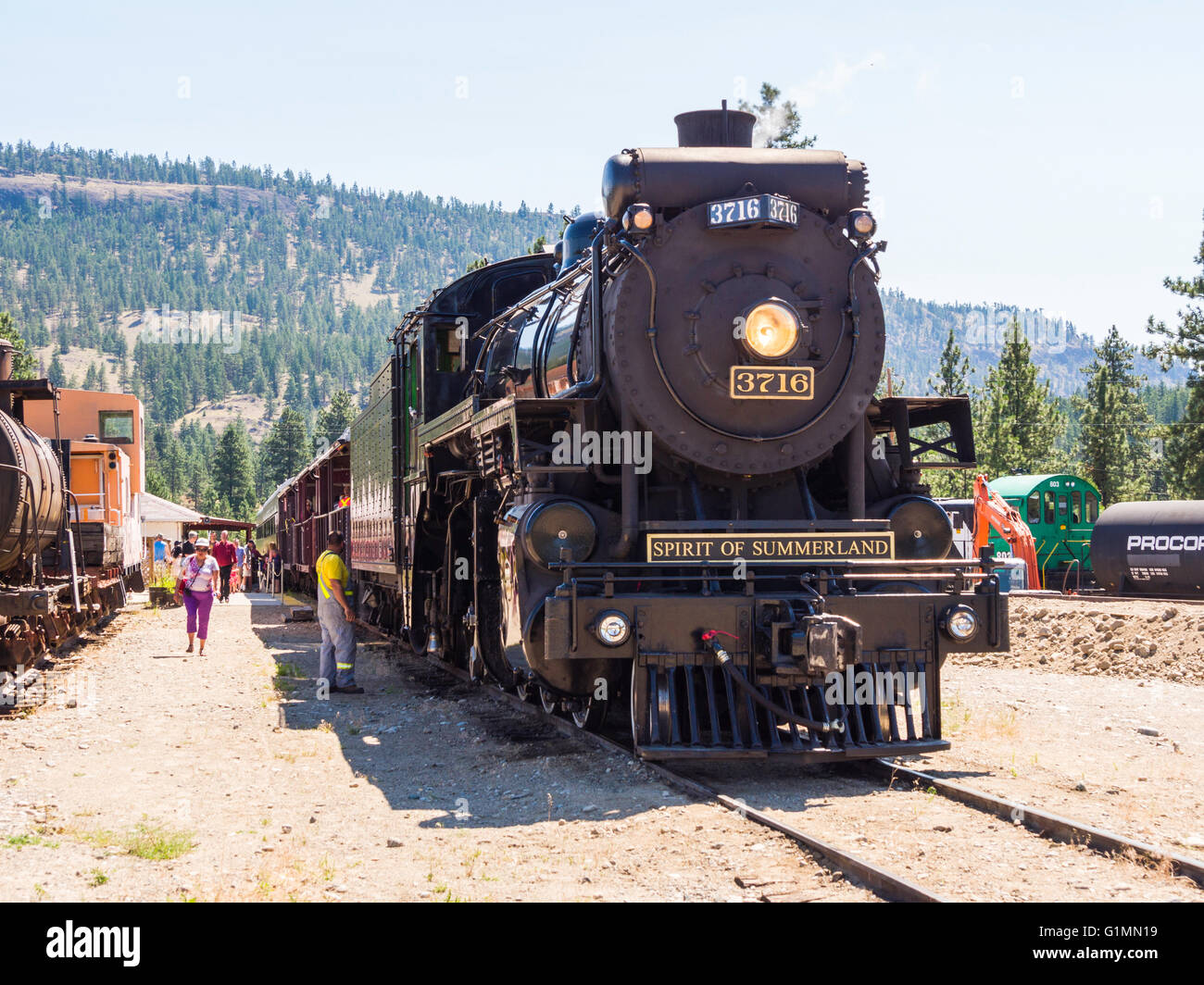 1912 steam locomotive 3716, 'Spirit of Summerland, pulls a train on the ...