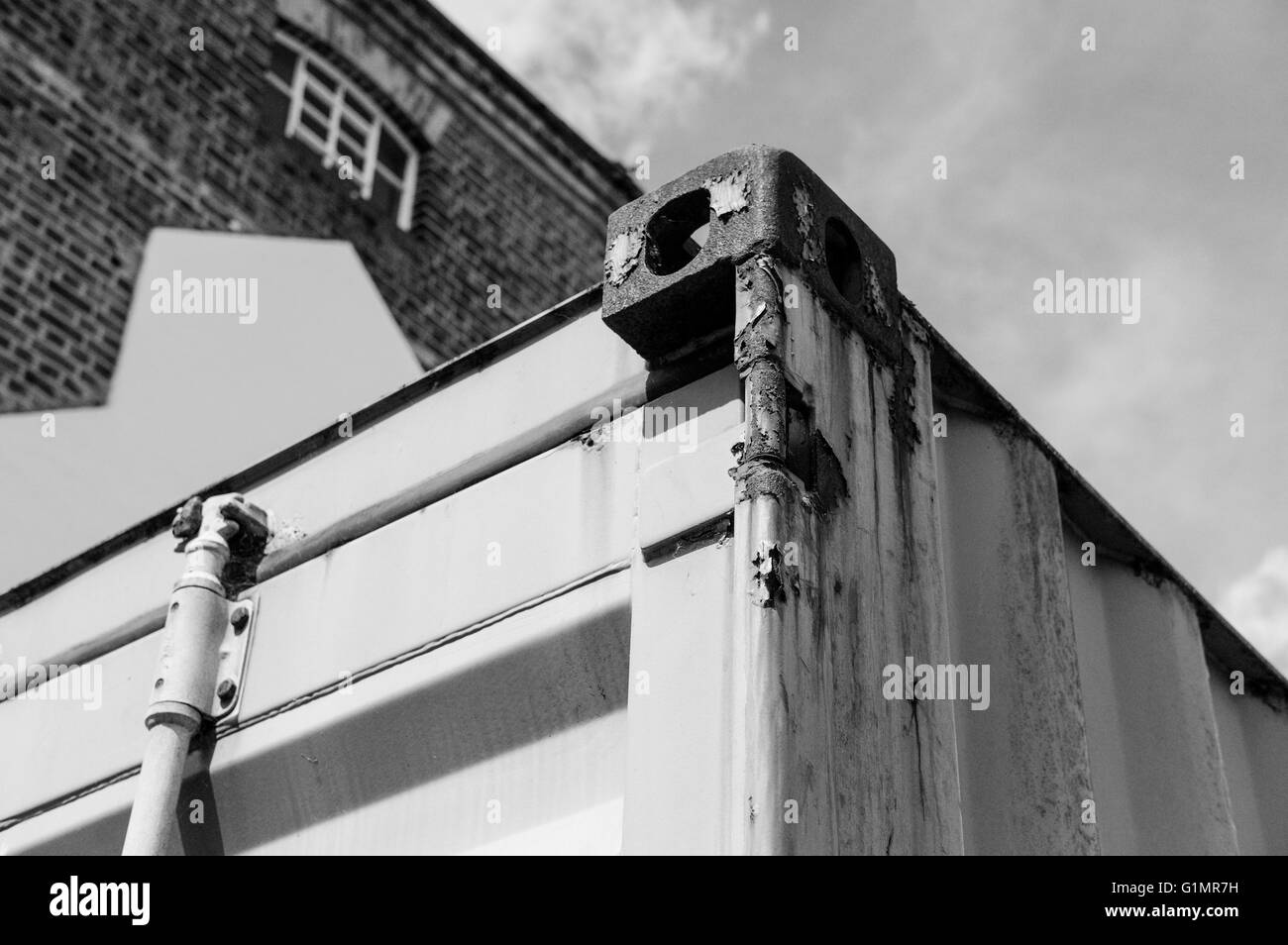 Detail of a typical shipping container locking system, showing the ...
