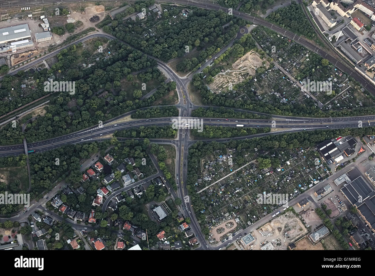 Aerial View of a highway intersection in the German city Magdeburg ...