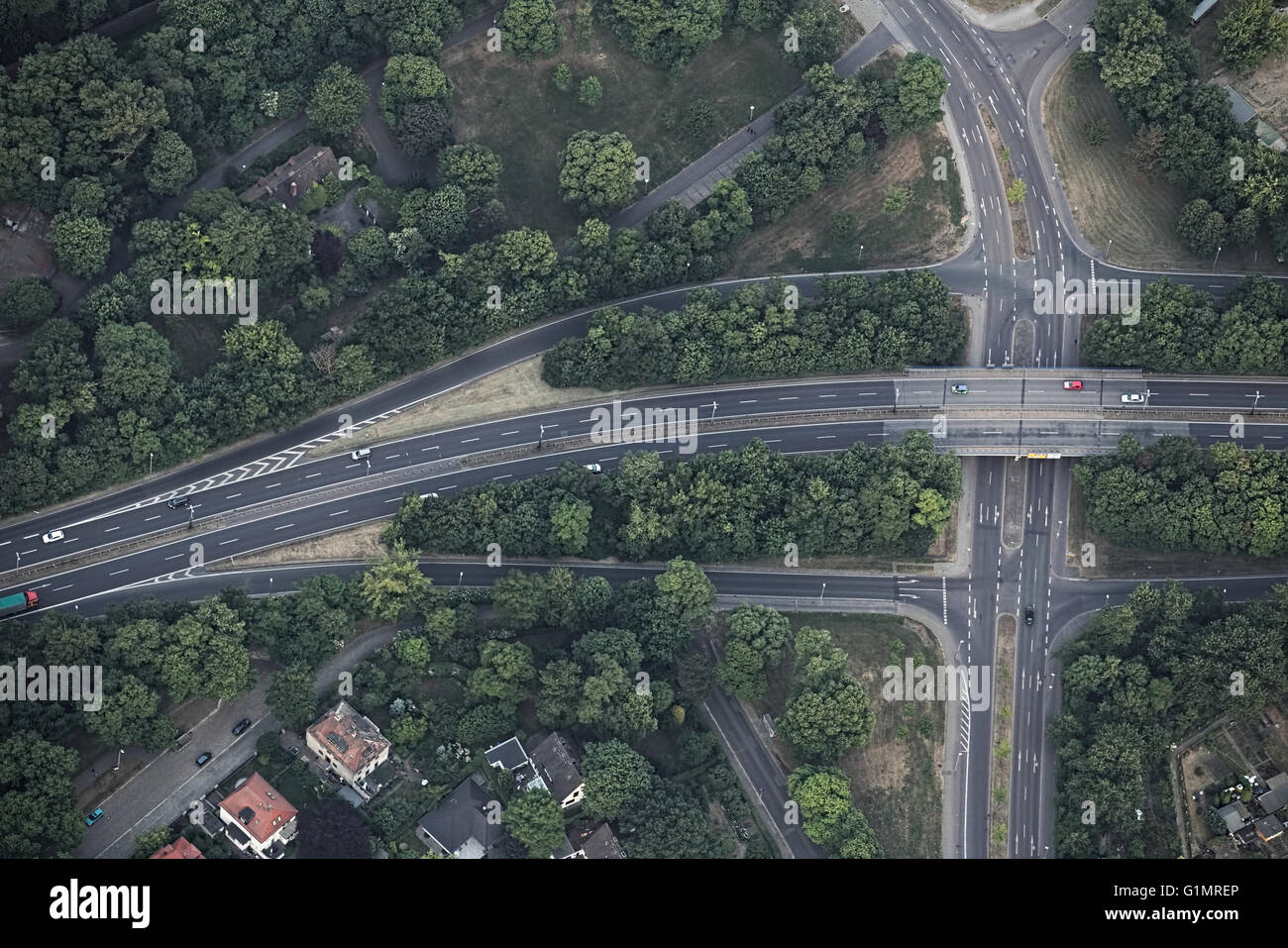Aerial View of a highway intersection in the German city Magdeburg ...
