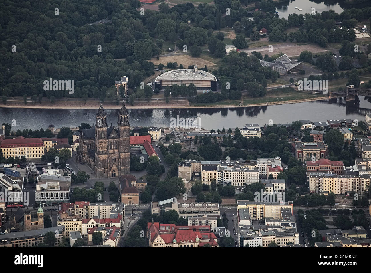 View of the German city Magdeburg from a hot air balloon. A part of the ...