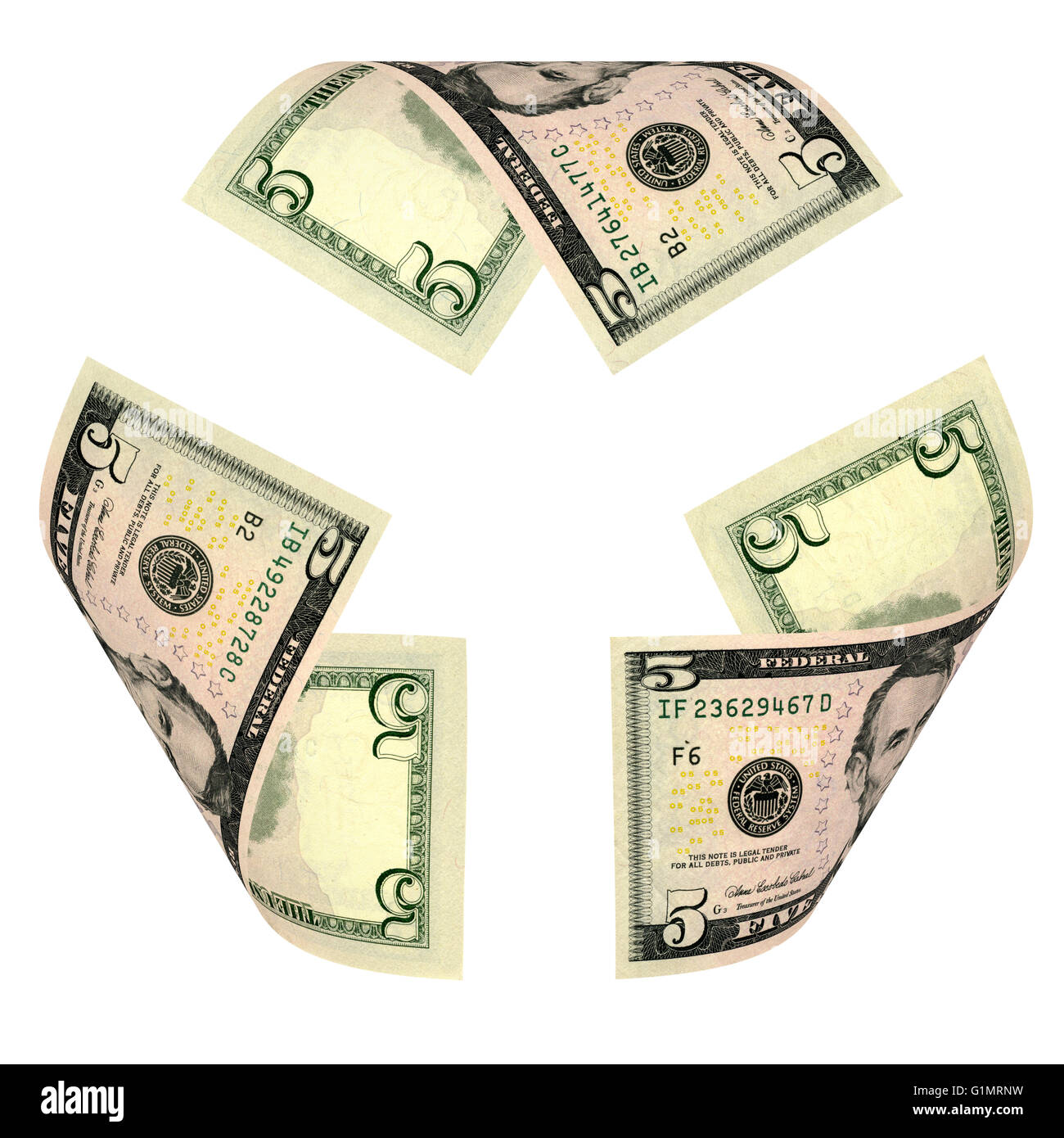 Dollar Bill Recycle Sign isolated on white. All banknotes are different ...