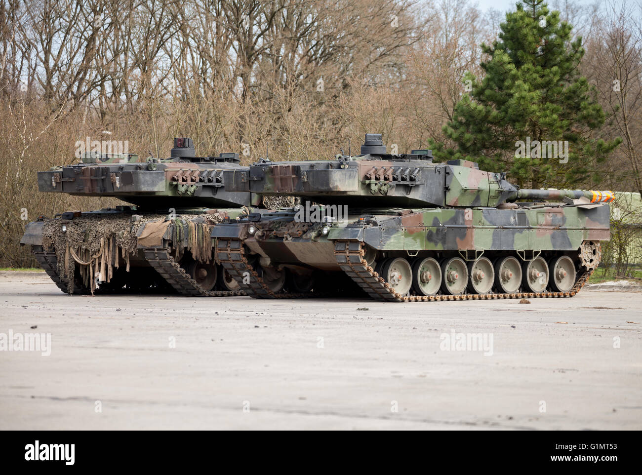 two german main battle tanks leopard stands on tank plate Stock Photo ...