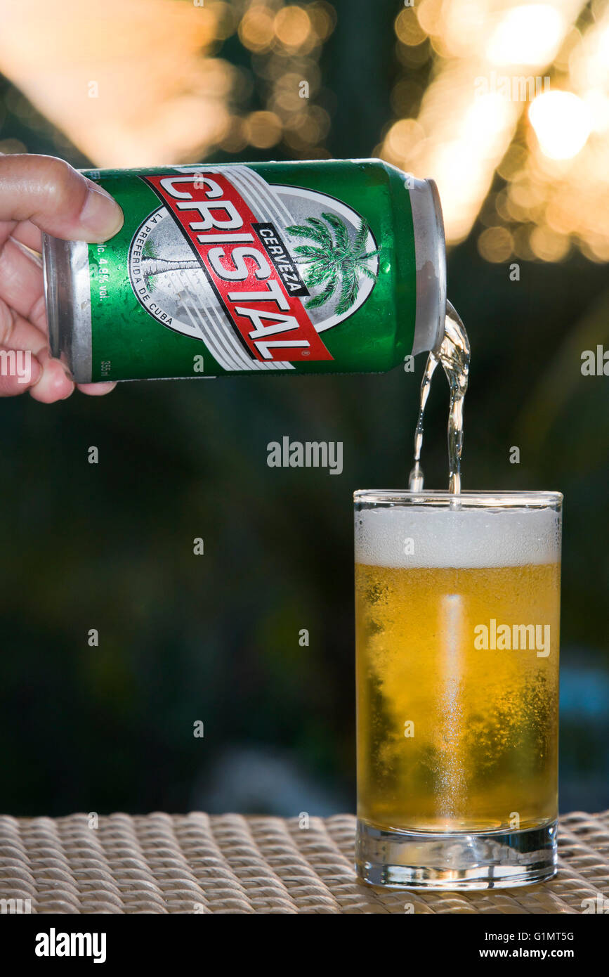 Vertical close up of a can of Cristal beer being poured Stock Photo - Alamy