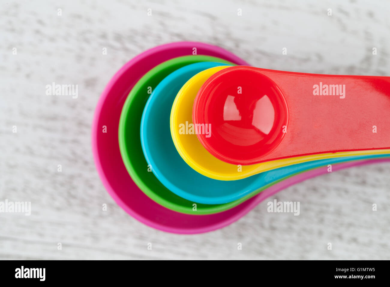Colorful measuring spoons symmetrically placed closeup Stock Photo - Alamy