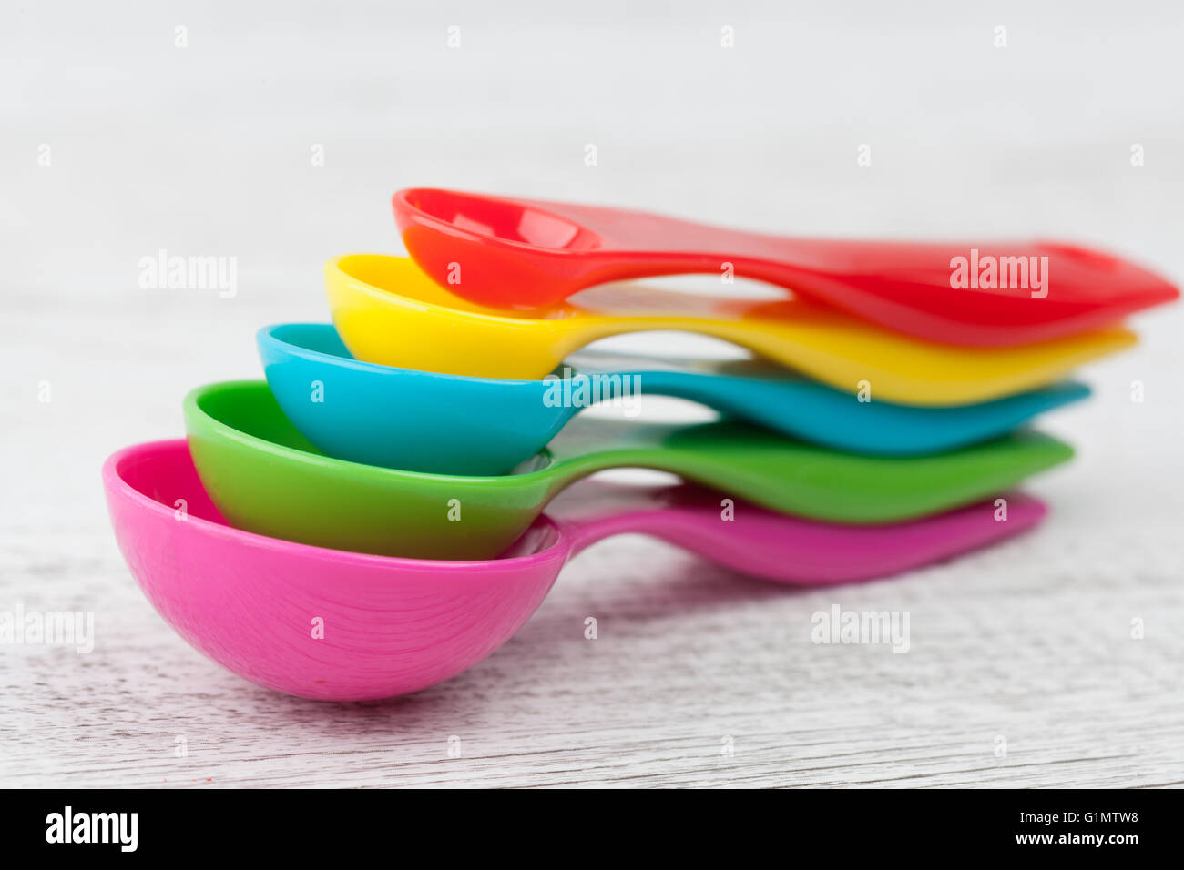 Colorful measuring spoons stacked together. Shallow depth of field ...