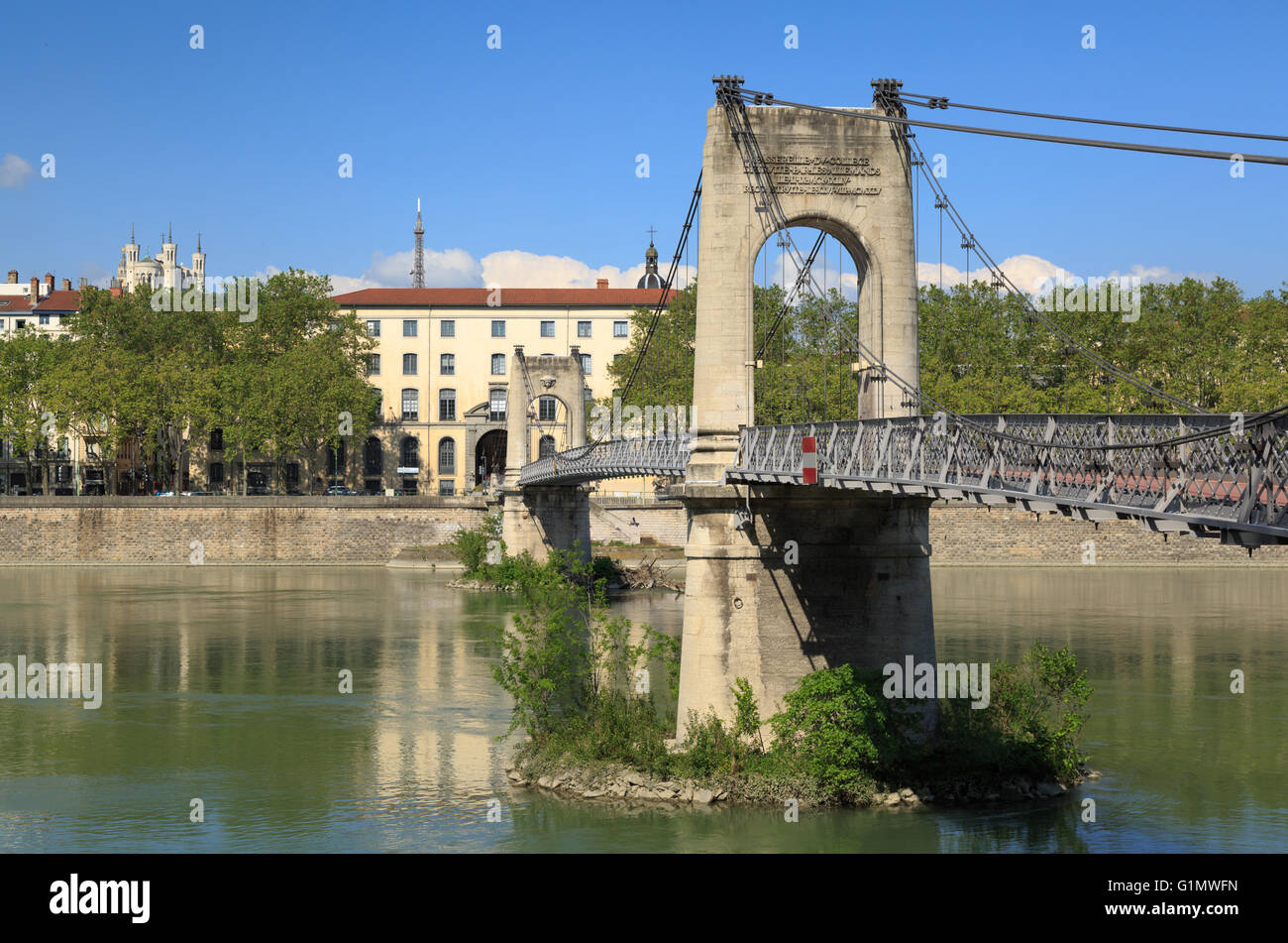 Monumental Passerelle du College bridge over Rhone river in Lyon ...