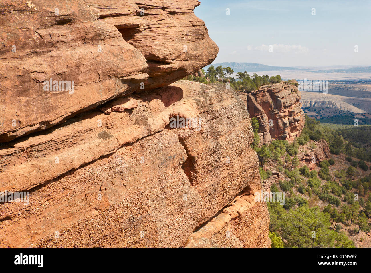 Landscape with huge rocks and pine tree forest in Spain. Horizontal ...