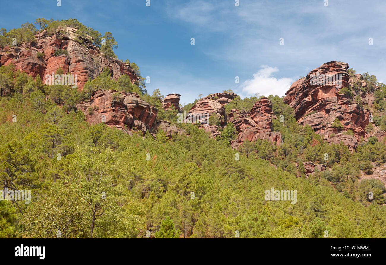 Landscape with huge rocks and pine tree forest in Spain. Horizontal ...