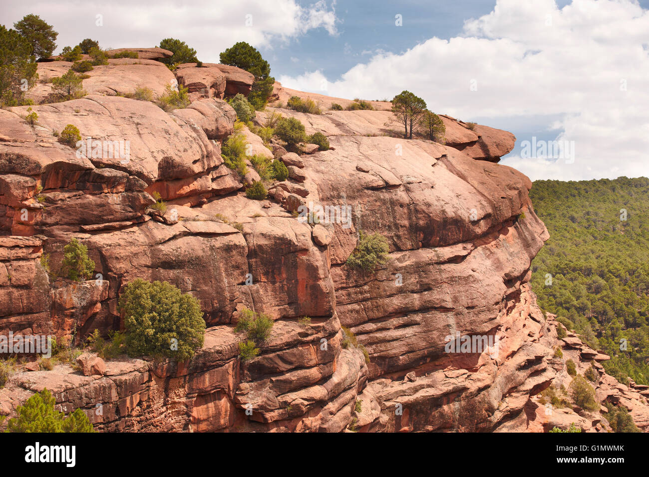 Landscape with huge rocks and pine tree forest in Spain. Horizontal ...