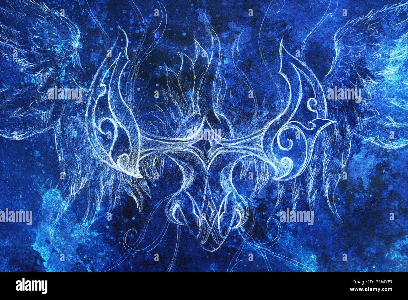 Drawing of ornamental dragon. computer collage and blue color structure ...