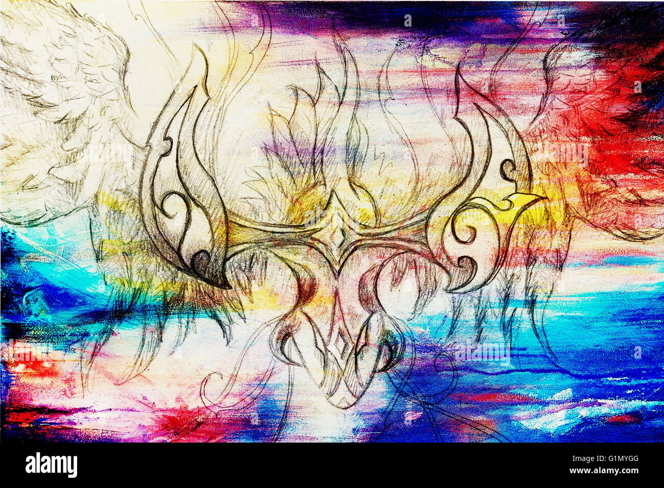 drawing of ornamental phoenix on old paper background computer collage ...