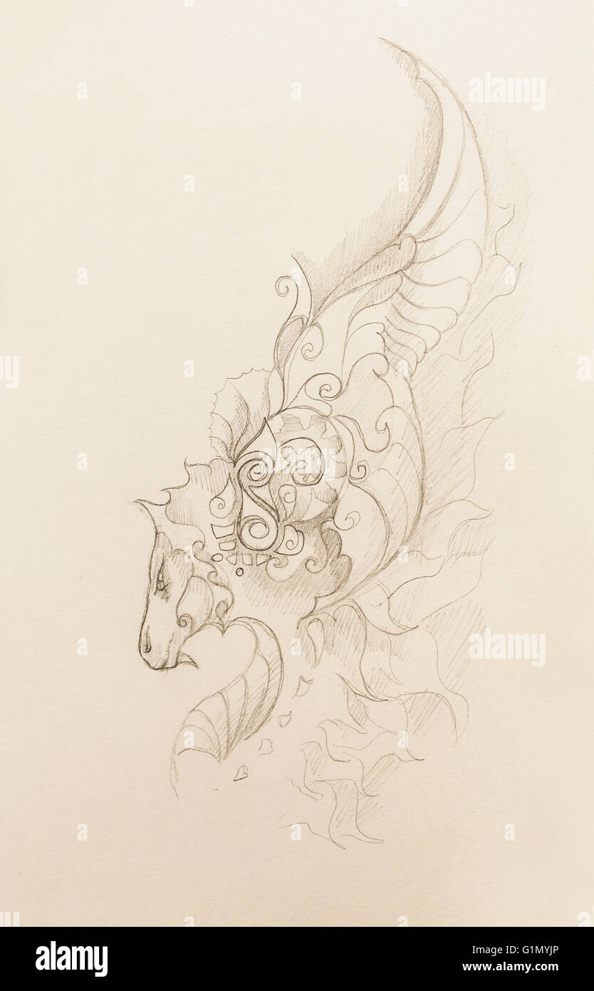 drawing of ornamental dragon on old paper background Stock Photo - Alamy