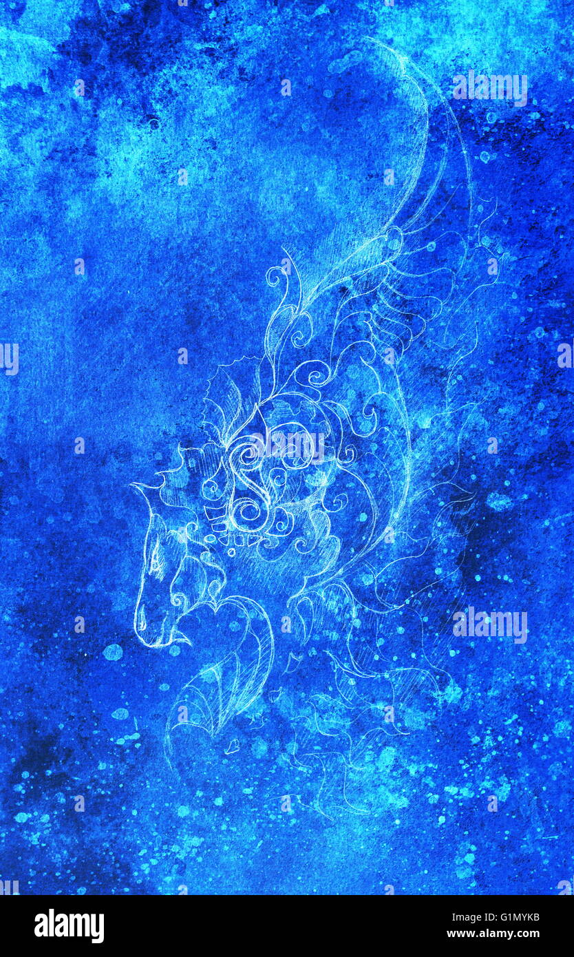Drawing of ornamental dragon. computer collage and blue color structure ...