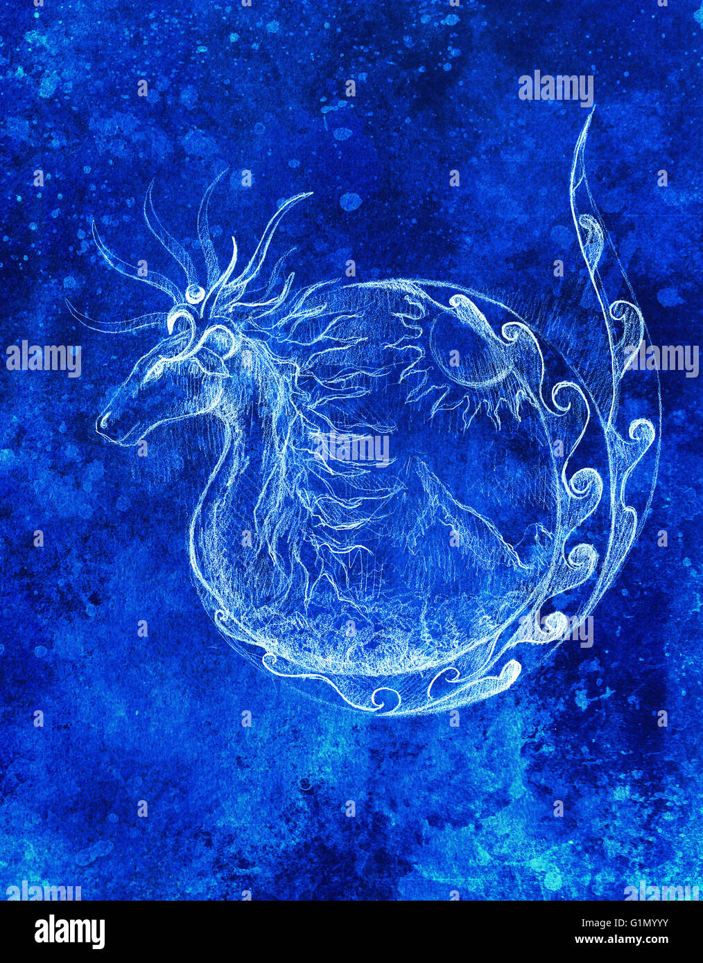 drawing of ornamental animal and sun with mountain. computer collage ...