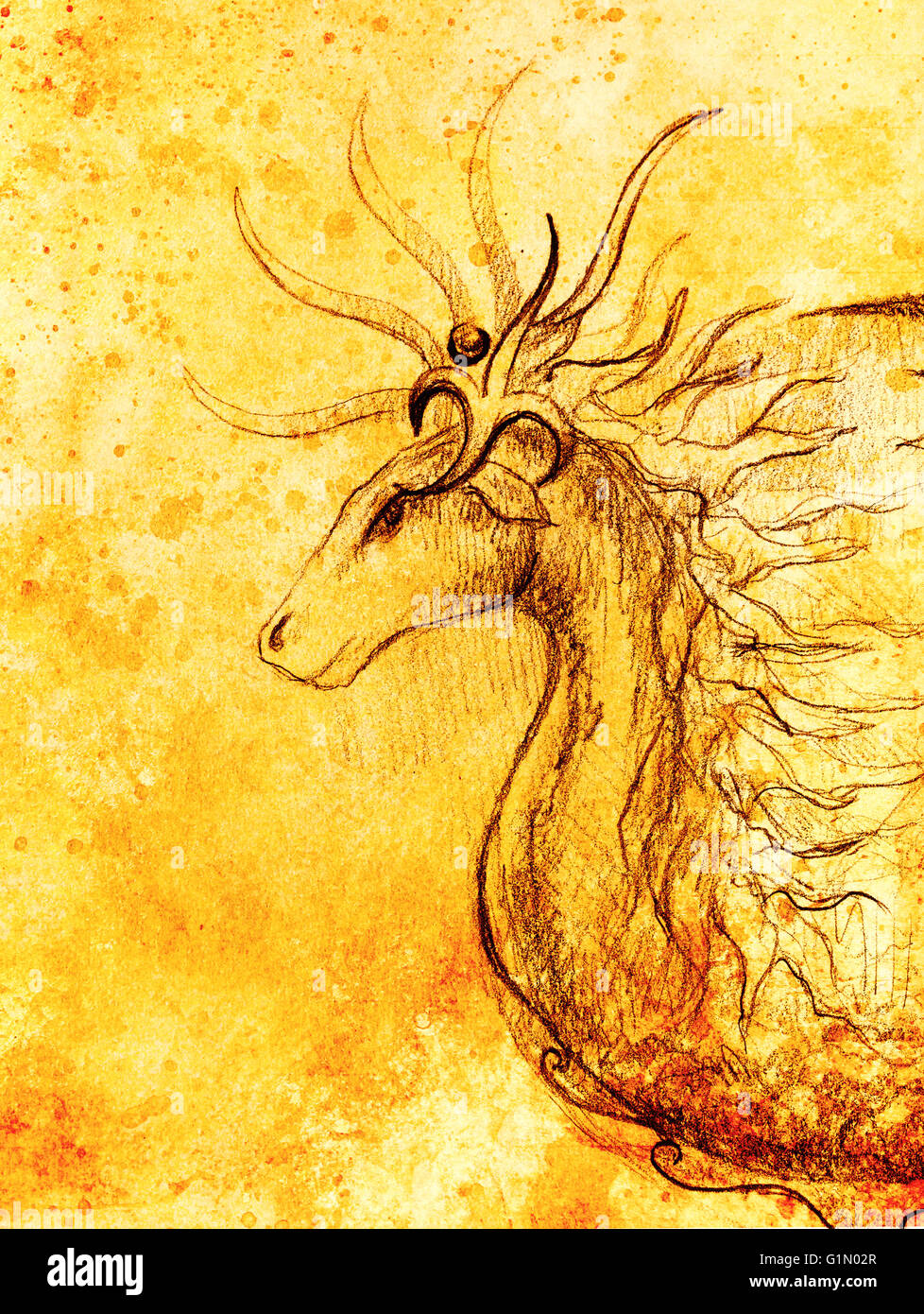 drawing of ornamental animal on old paper background and sepia color ...
