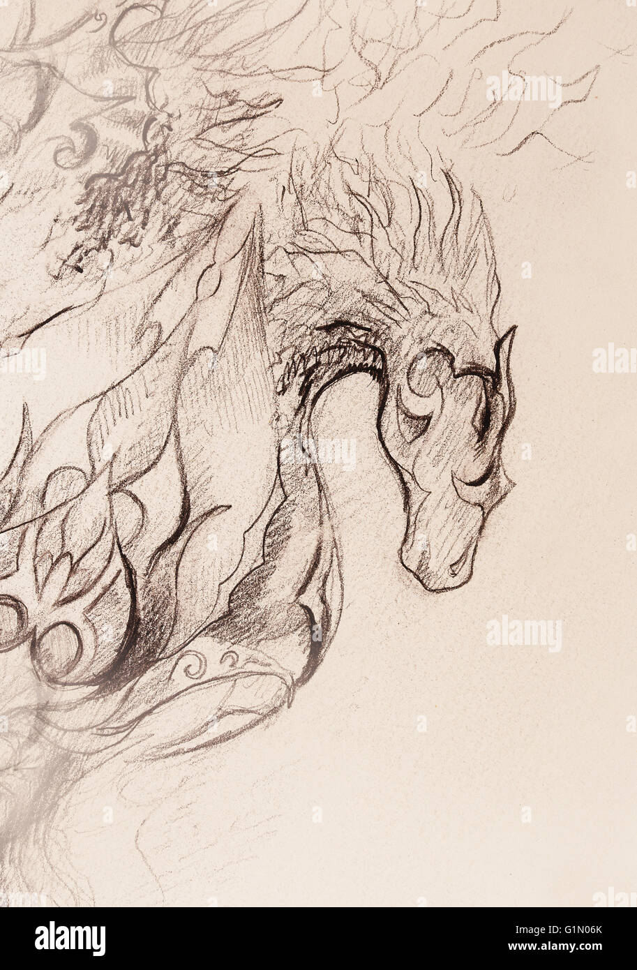 drawing of ornamental dragon on old paper background Stock Photo - Alamy
