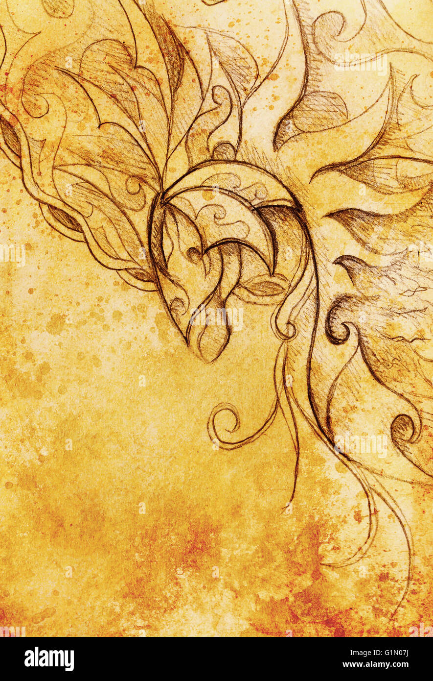 drawing of ornamental animal on old paper background and sepia color ...