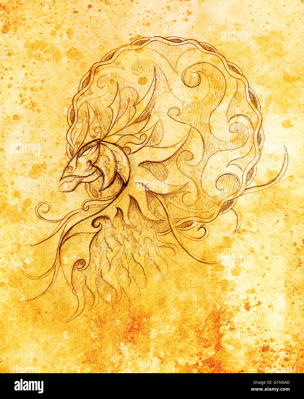 drawing of ornamental animal on old paper background and sepia color ...